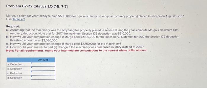 Solved Margo, a calendar year taxpayer, paid $580,000 for | Chegg.com