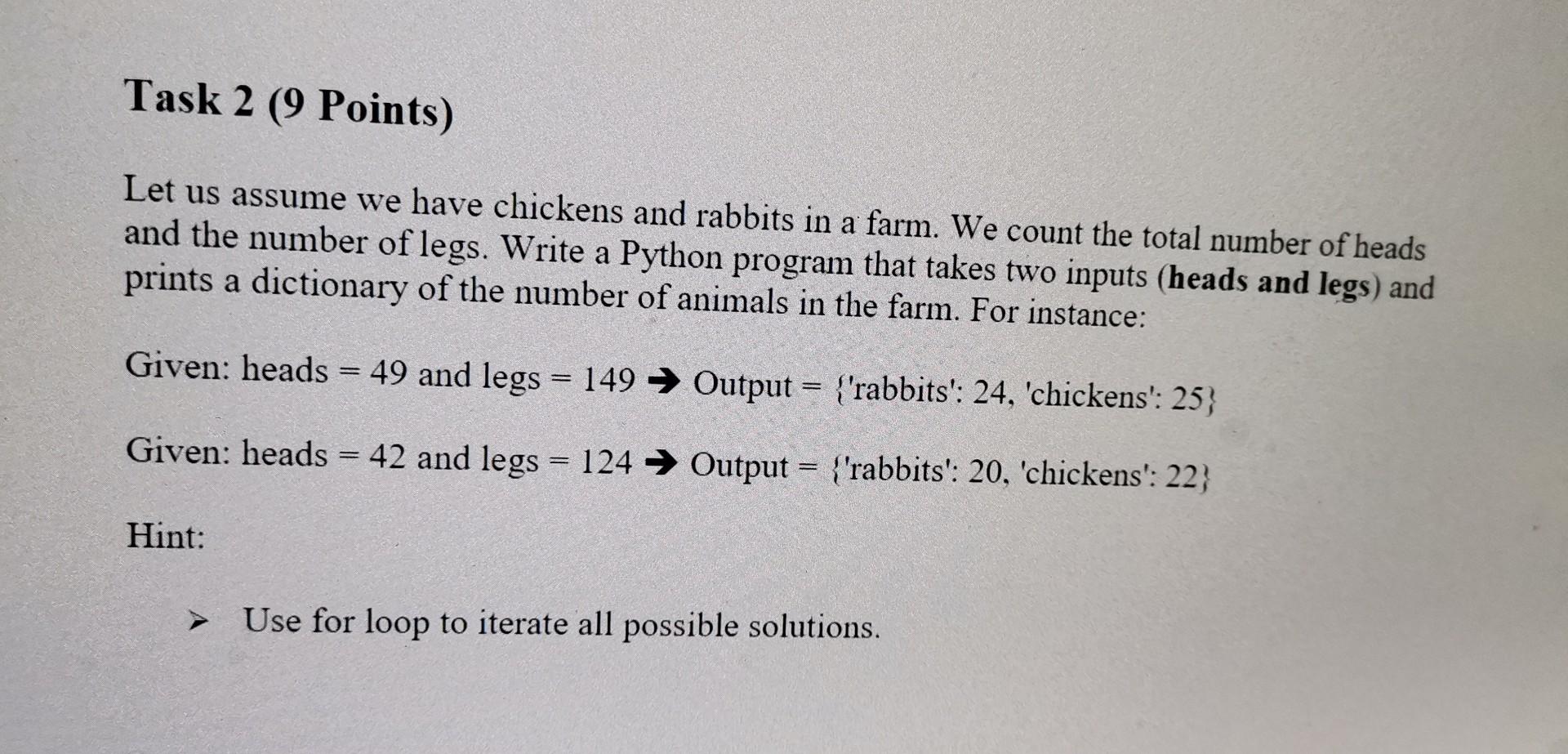 Solved Task 2 (9 Points) Let us assume we have chickens and | Chegg.com