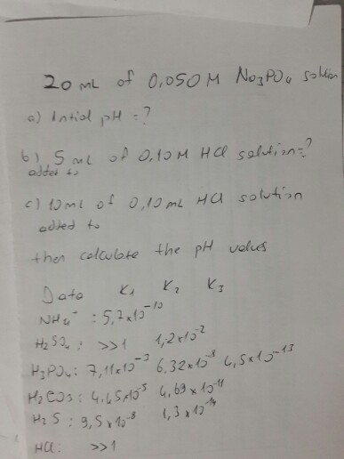 2) 20 mL of 0.050 M Na3PO4 solution; a) Initial pH b) | Chegg.com