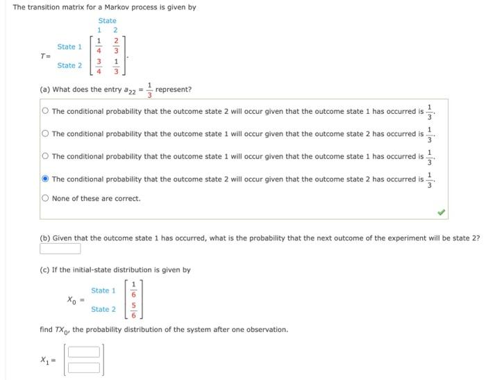 Solved The transition matrix for a Markov process is given | Chegg.com