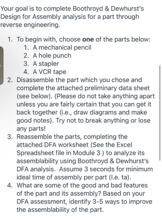 Solved Your goal is to complete Boothroyd & Dewhurst's | Chegg.com