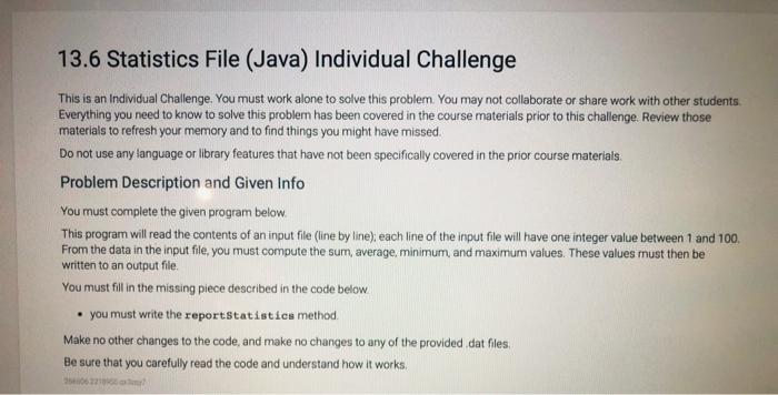 Solved 13.6 Statistics File (Java) Individual Challenge This | Chegg.com