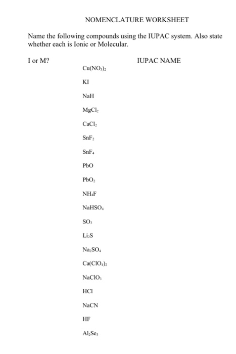 Solved NOMENCLATURE WORKSHEET Name the following compounds | Chegg.com
