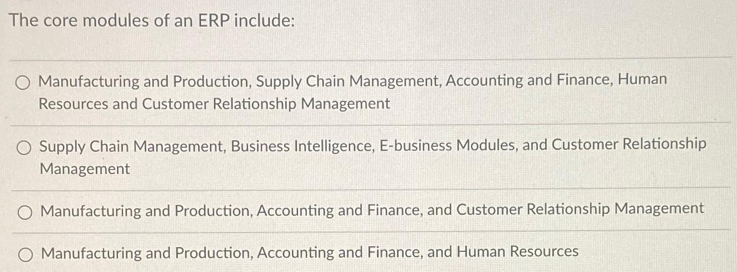 Solved The core modules of an ERP include:Manufacturing and | Chegg.com