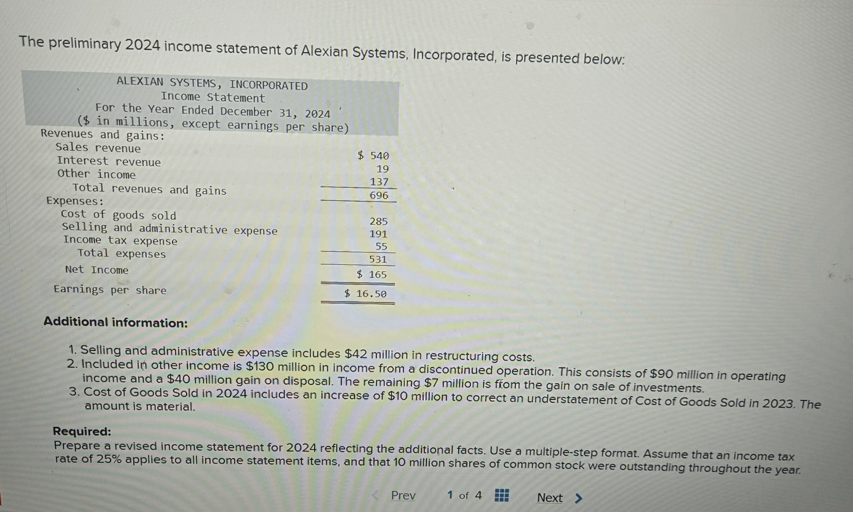 The preliminary 2024 ﻿income statement of Alexian | Chegg.com
