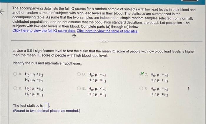 Solved The accompanying data lists the full IQ scores for a | Chegg.com