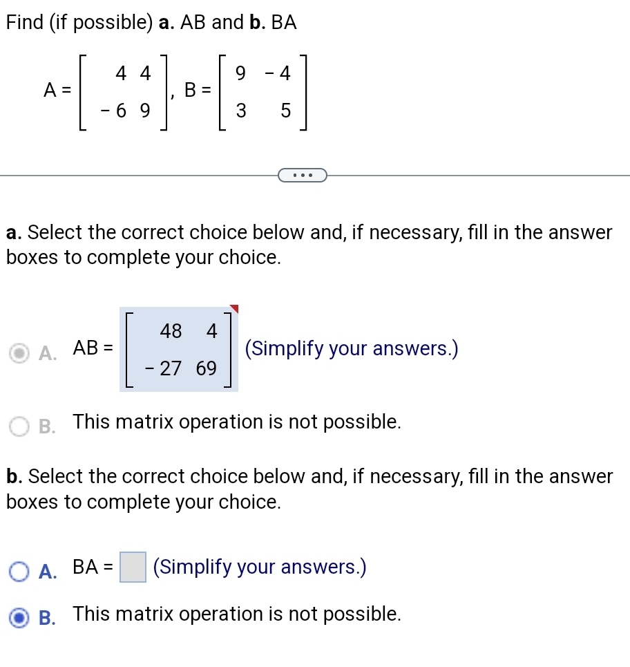 Solved Find (if possible) ﻿a. ﻿AB and b. | Chegg.com