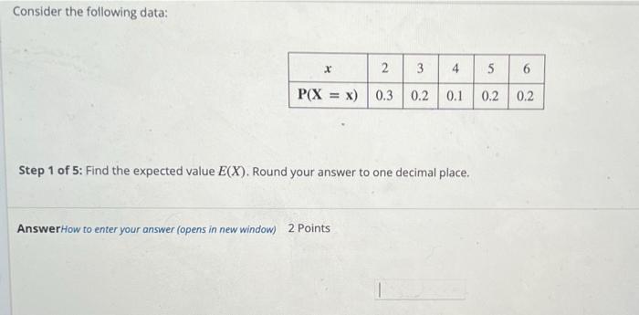 Solved Consider the following data: x 2 3 4 5 P(X = x) 0.3 | Chegg.com