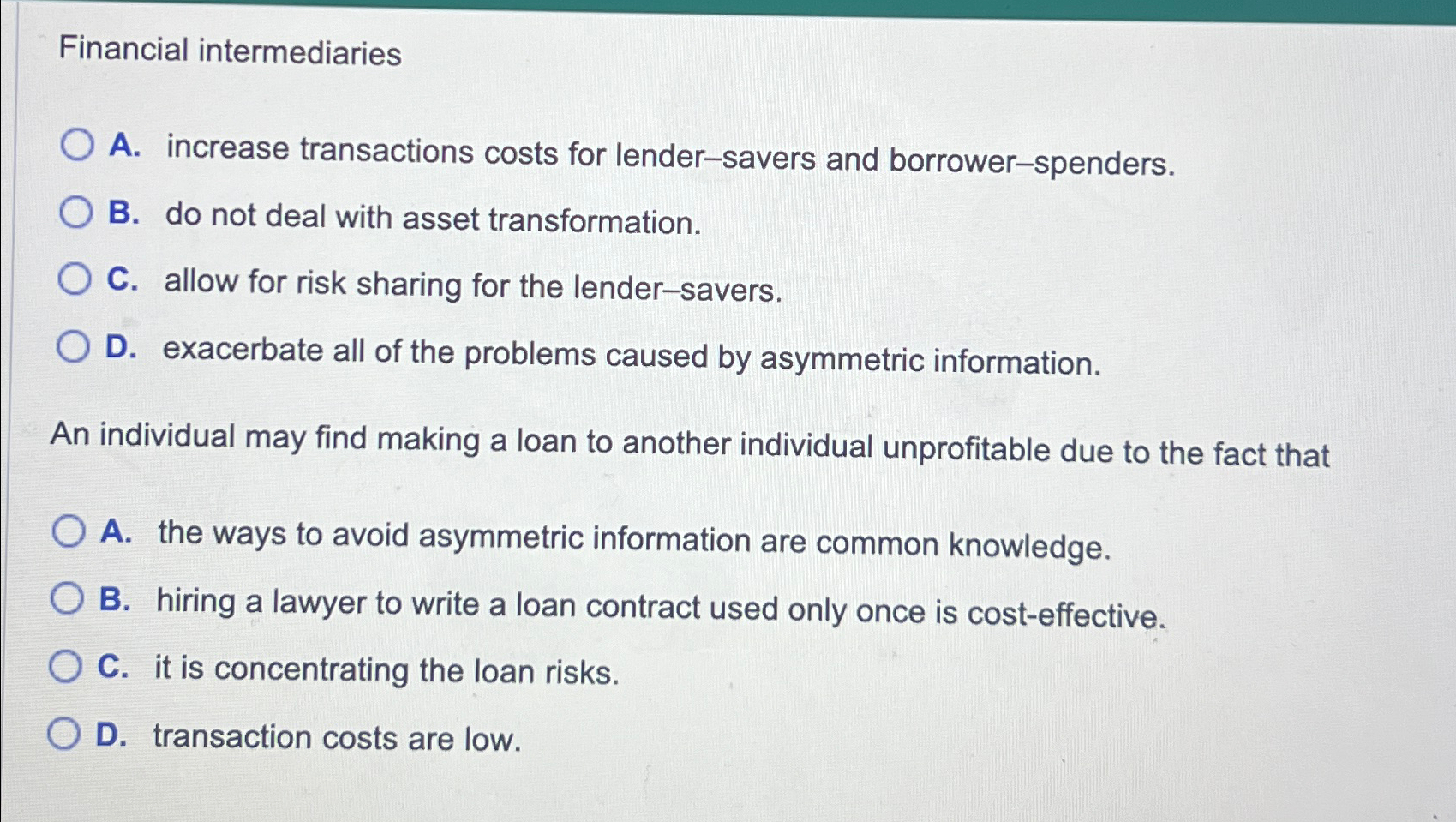 Solved Financial intermediariesA. ﻿increase transactions | Chegg.com