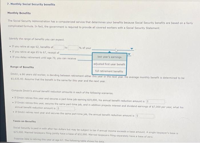 7. Monthly Social Security benefits Monthly Benefits | Chegg.com
