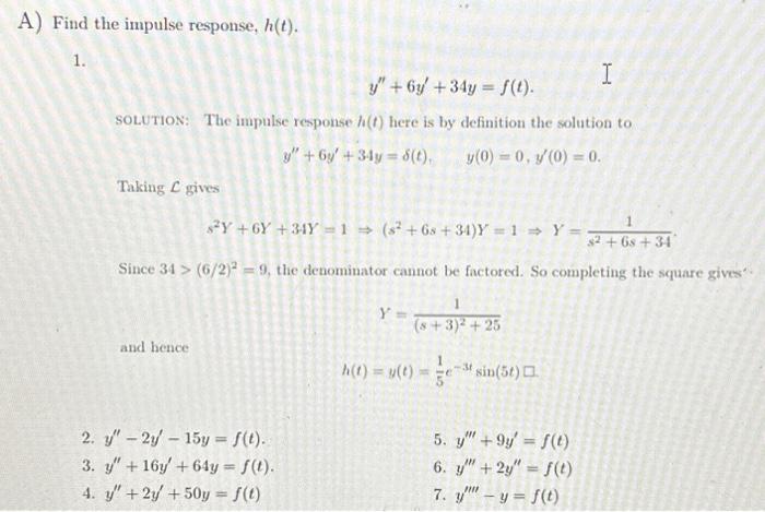 Solved A) Find the impulse response, \\( h(t) \\). 1. \\[ | Chegg.com