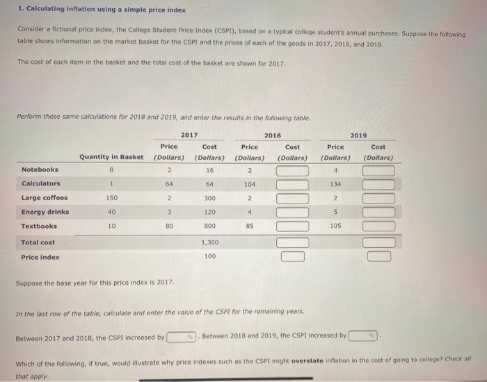 Solved 1. Calculating inflation using a simple price index | Chegg.com