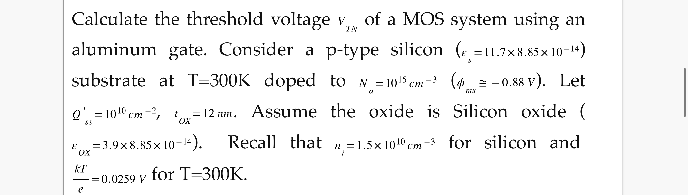 Solved Calculate the threshold voltage VTN ﻿of a MOS system | Chegg.com