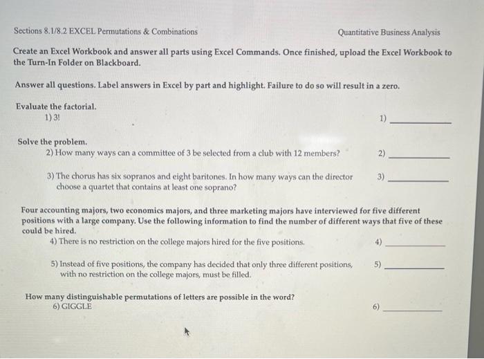 Solved Sections 8 1 8 2 Excel Permutations And Combinations