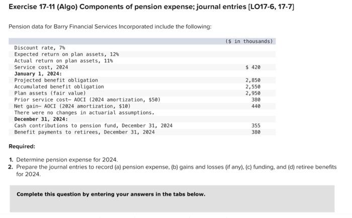Solved Exercise 17-11 (Algo) Components of pension expense; | Chegg.com