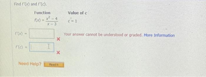 Solved Find f′(x) and f′(c) Function Value of c | Chegg.com
