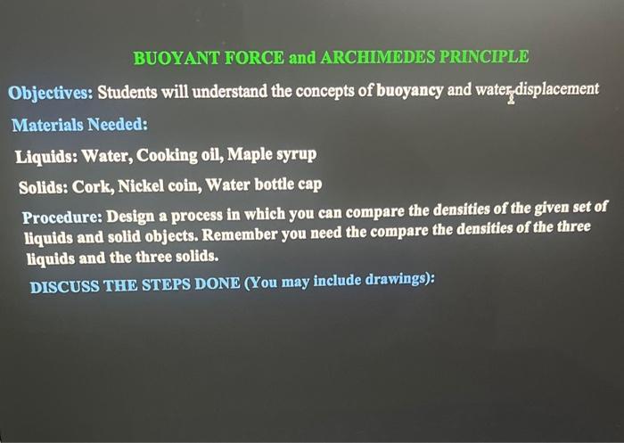 Solved BUOYANT FORCE and ARCHIMEDES PRINCIPLE Objectives: | Chegg.com