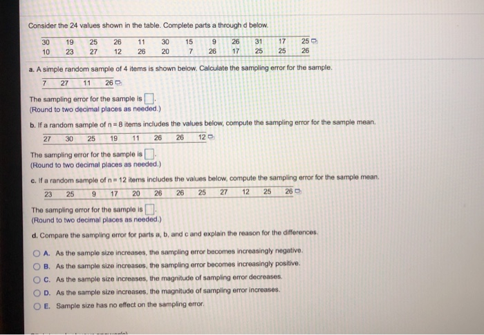 Solved Consider the 24 values shown in the table. Complete | Chegg.com