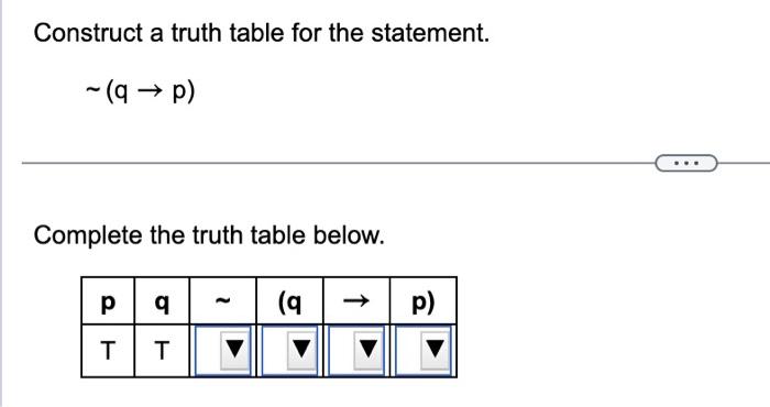 Solved Construct a truth table for the statement. ∼(q→p) | Chegg.com