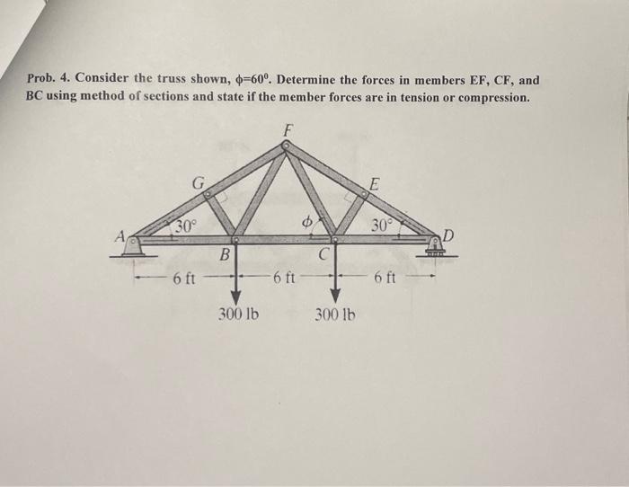 Solved Prob. 4. Consider the truss shown, ϕ=60∘. Determine | Chegg.com