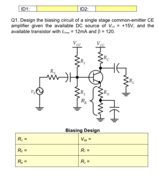 Solved ID1: ID2: Q1. Design the biasing circuit of a single | Chegg.com