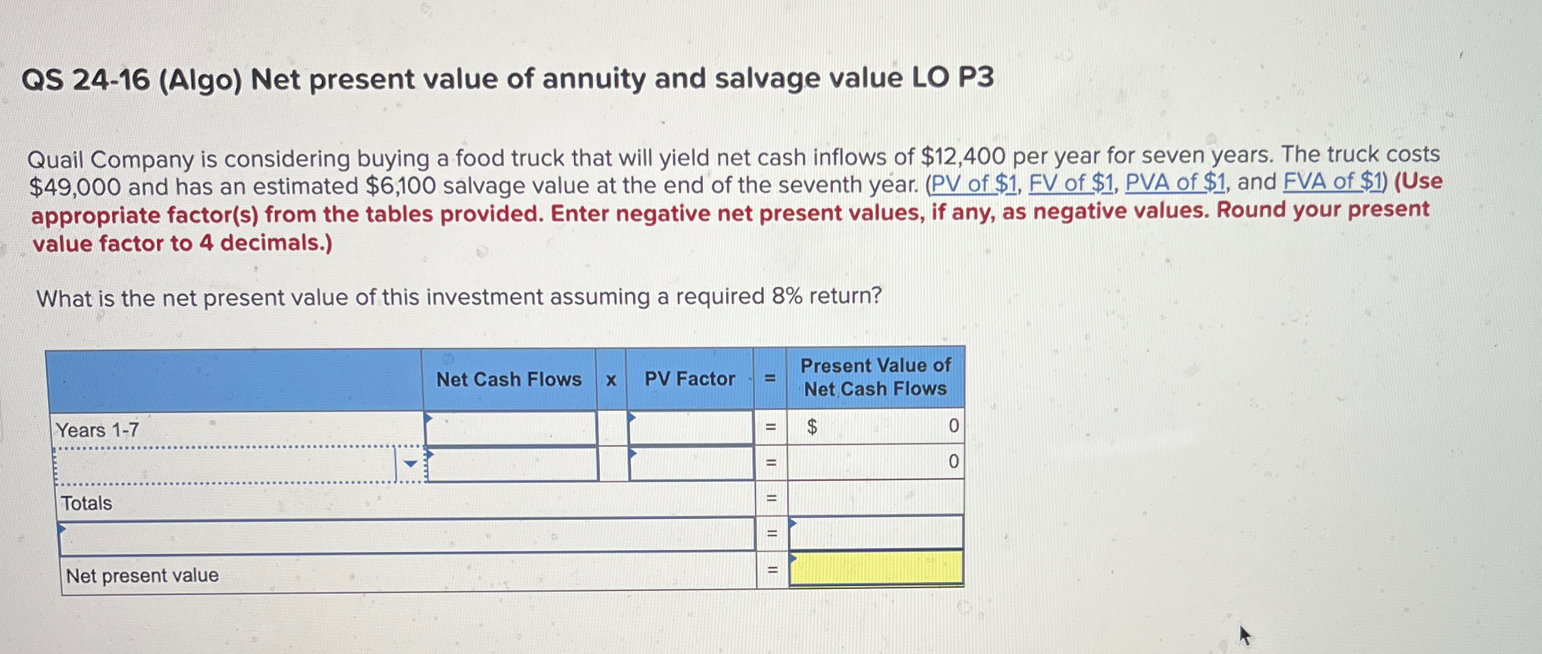 Solved QS 24-16 (Algo) ﻿Net present value of annuity and | Chegg.com