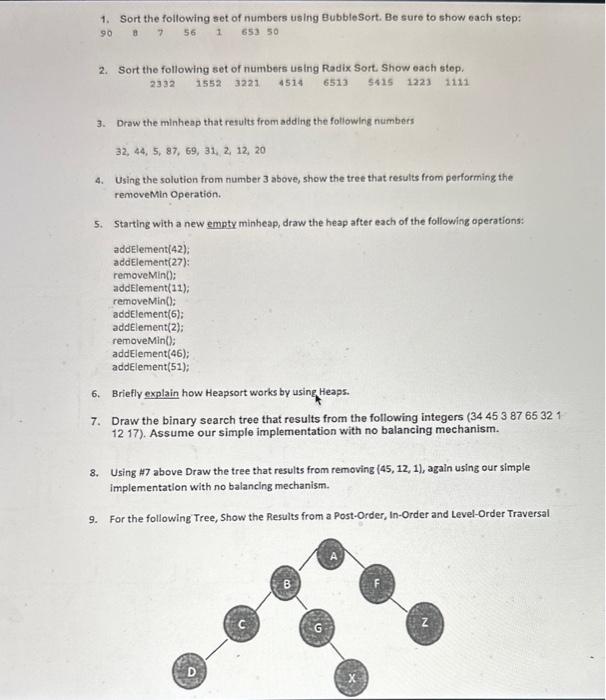 Solved 1. Sort the following set of numbers using | Chegg.com