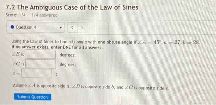 7.2 The Ambiguous Case of the Law of Sines Score: | Chegg.com