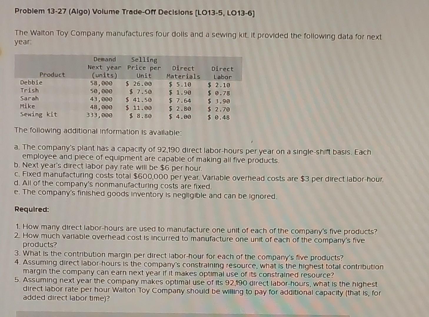 Solved Problem 13-27 (Algo) Volume Trade-Orf Declslons | Chegg.com