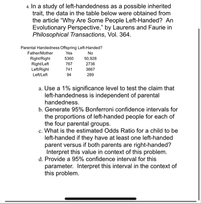 Solved In a study of left-handedness as a possible inherited | Chegg.com
