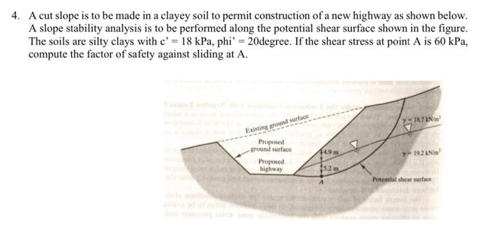 Solved 4. A cut slope is to be made in a clayey soil to | Chegg.com