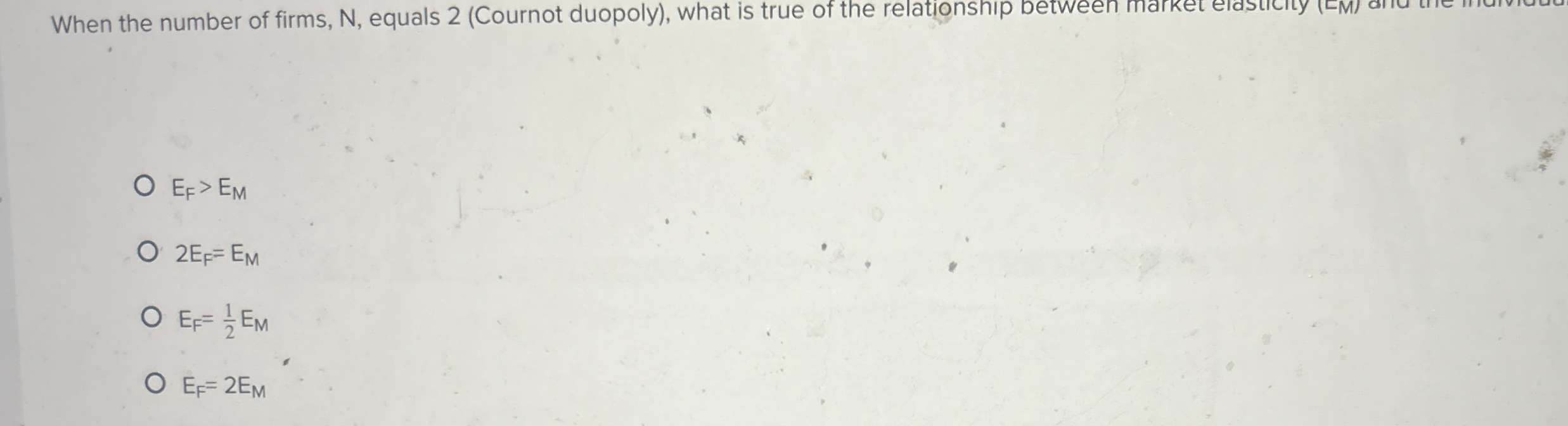 Solved When the number of firms, N , ﻿equals 2 (Cournot | Chegg.com