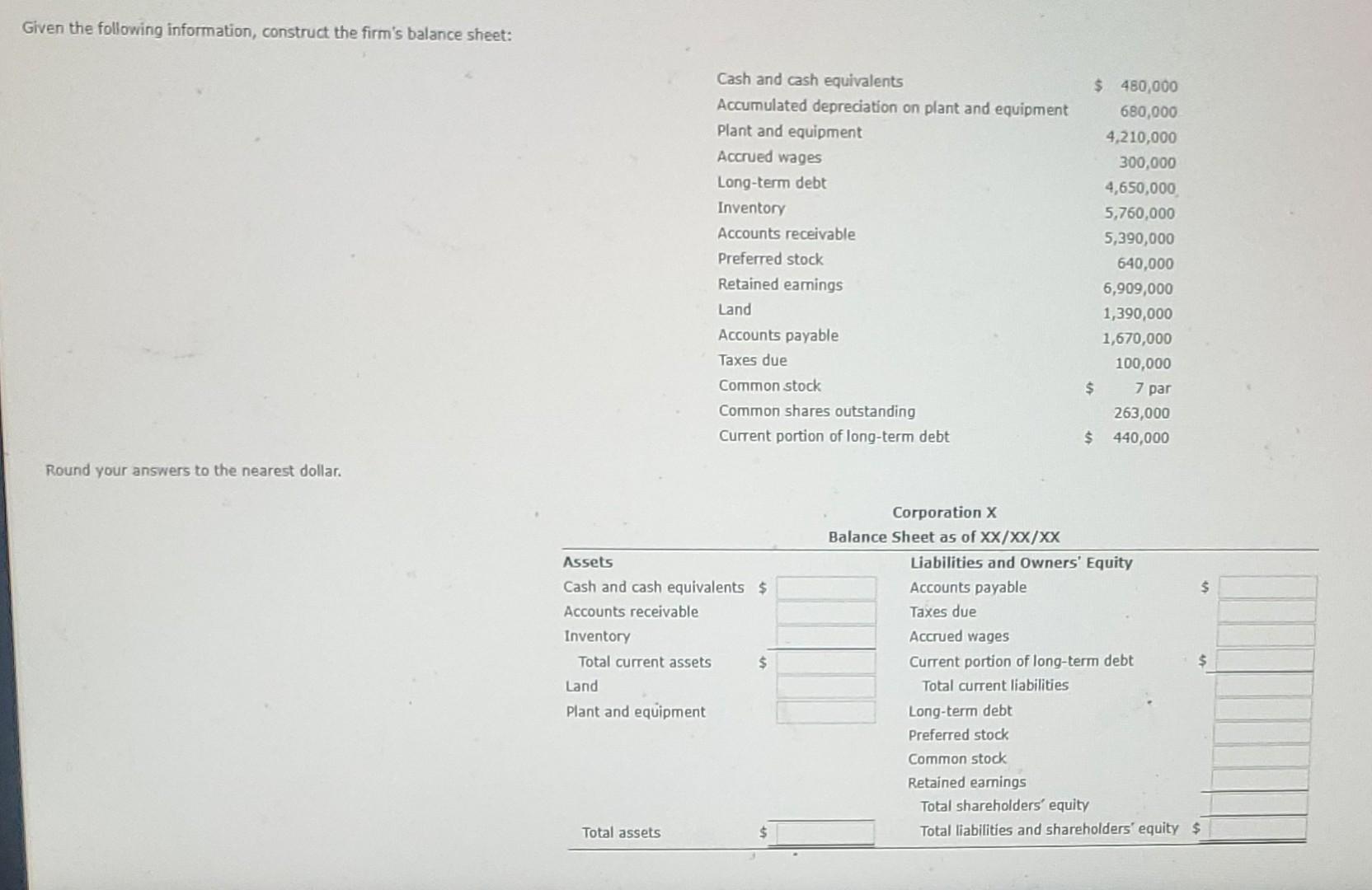Solved Given the following information, construct the firm's | Chegg.com