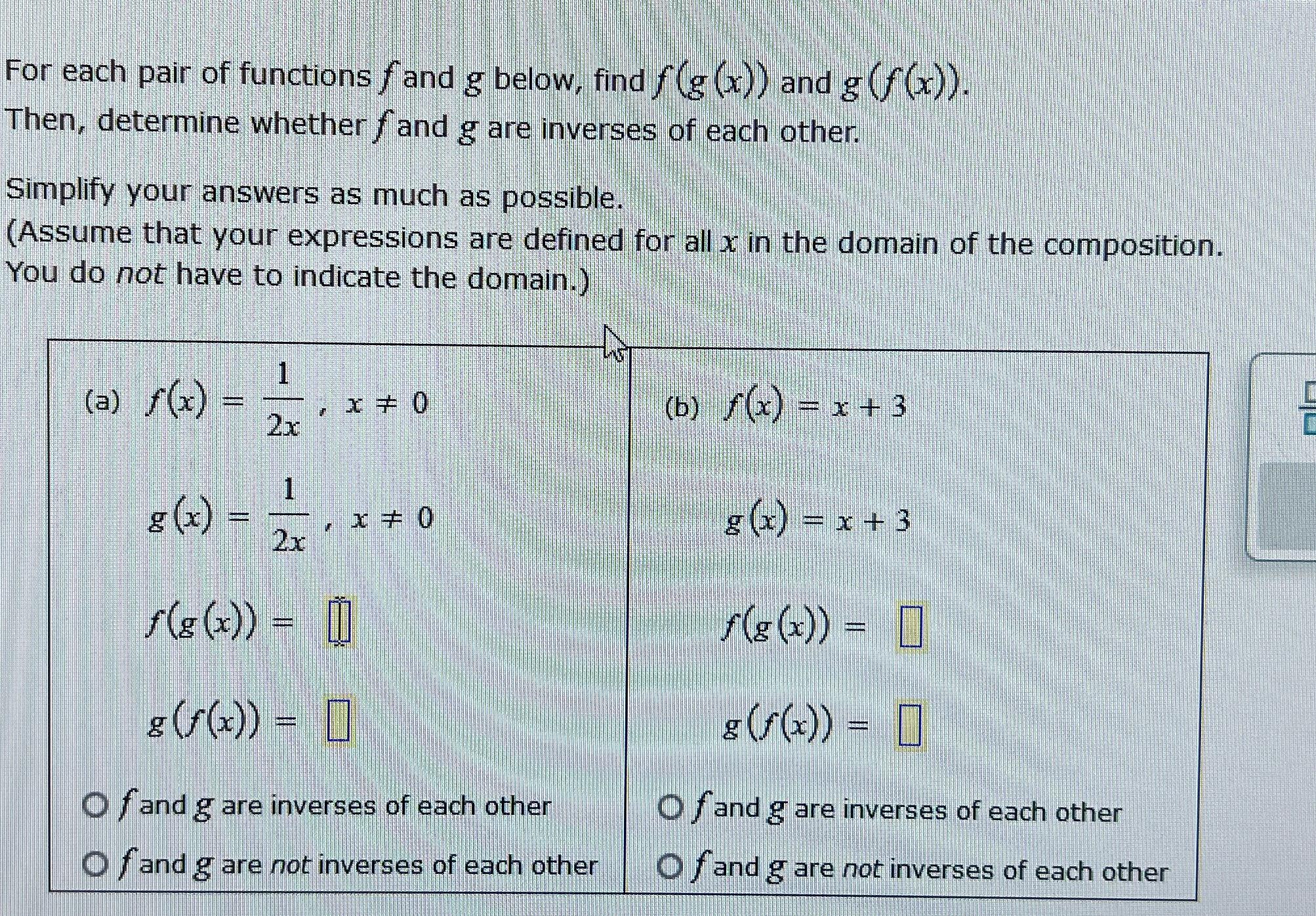 Solved For each pair of functions f ﻿and g ﻿below, find | Chegg.com