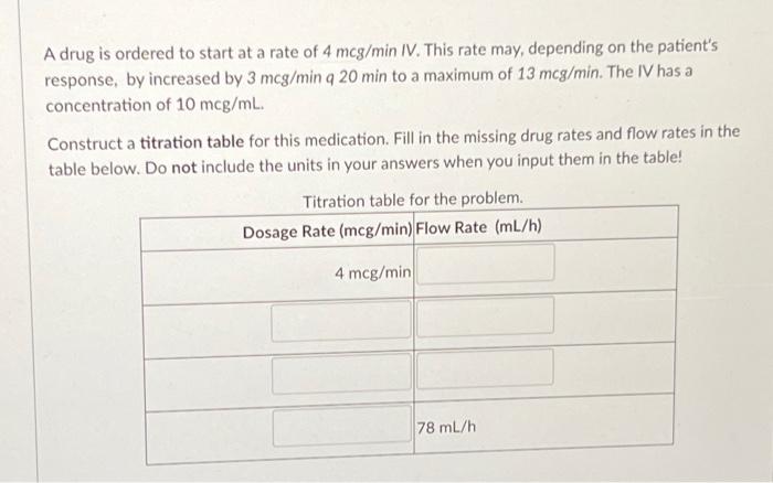 Solved A drug is ordered to start at a rate of 4mcg/minI V. | Chegg.com