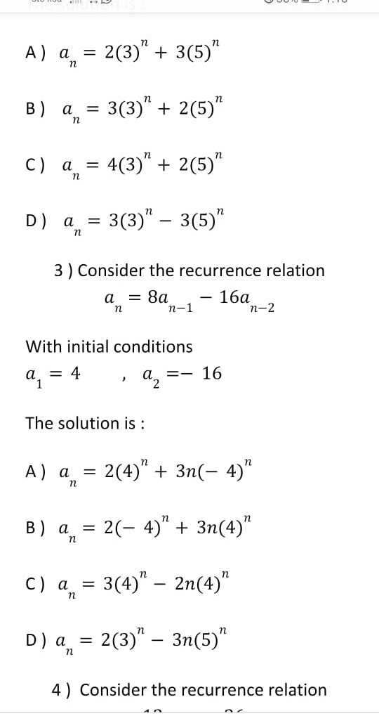 Solved Choose the correct answer: 1: Consider the recurrence | Chegg.com