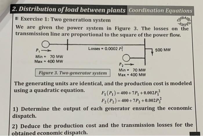 Solved 2. Distribution of load between plants Coordination | Chegg.com