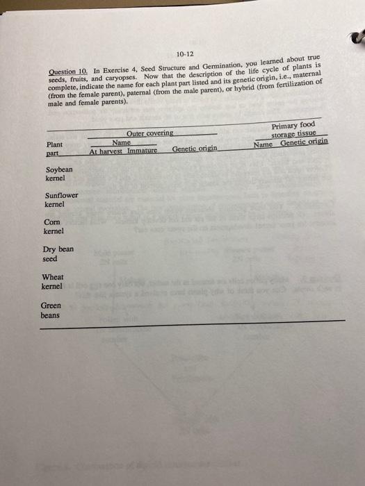 10-12 Question 10. In Exercise 4, Seed Structure and | Chegg.com