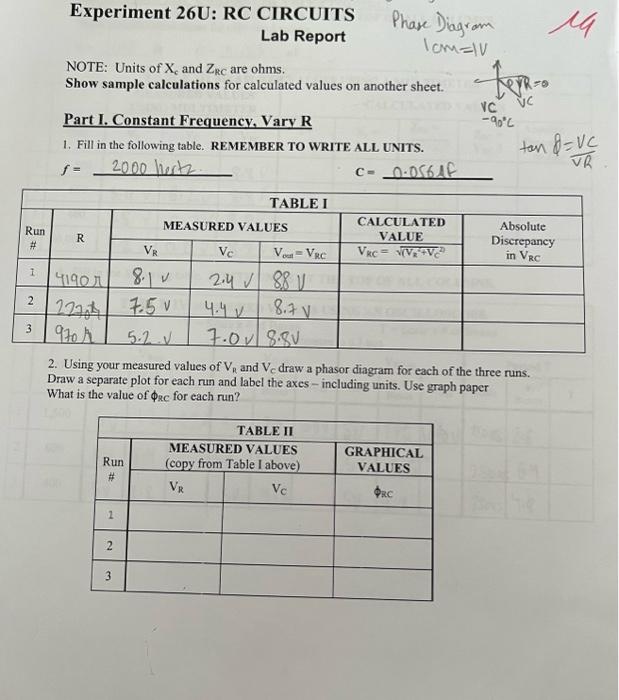 Part I 1) Using your measured values of VR and VC | Chegg.com