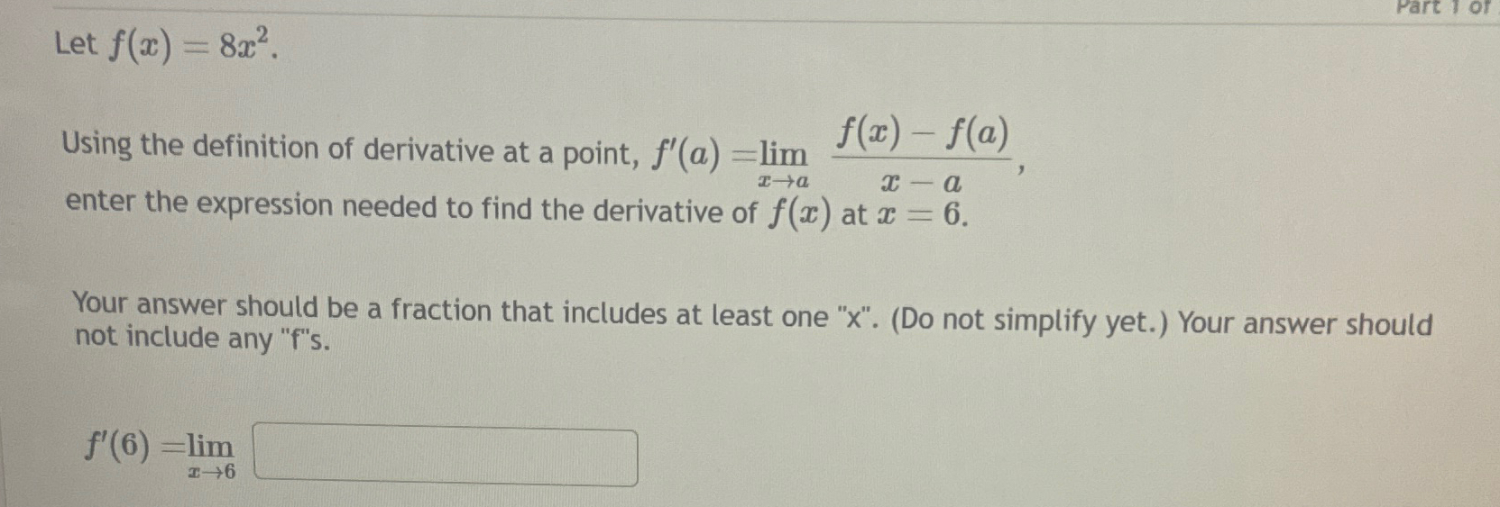 Solved Let f(x)=8x2.Using the definition of derivative at a | Chegg.com
