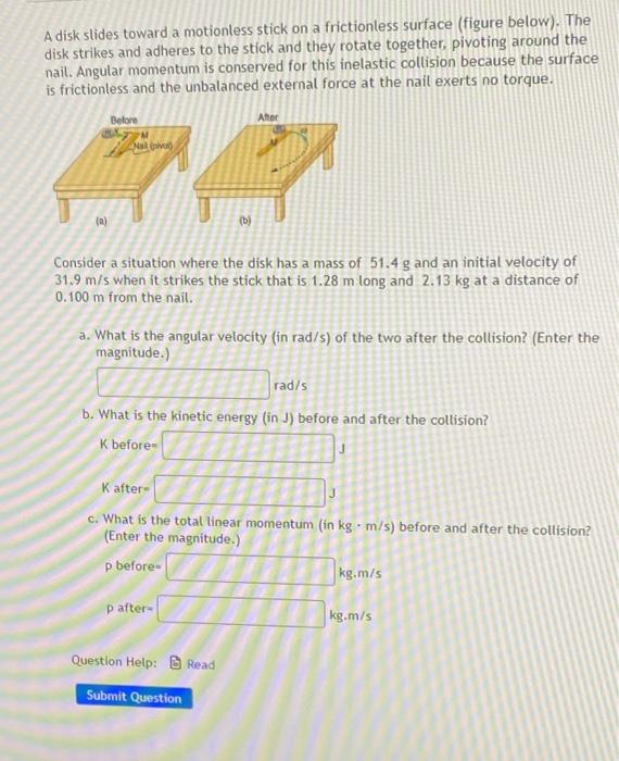 Solved A disk slides toward a motionless stick on a | Chegg.com