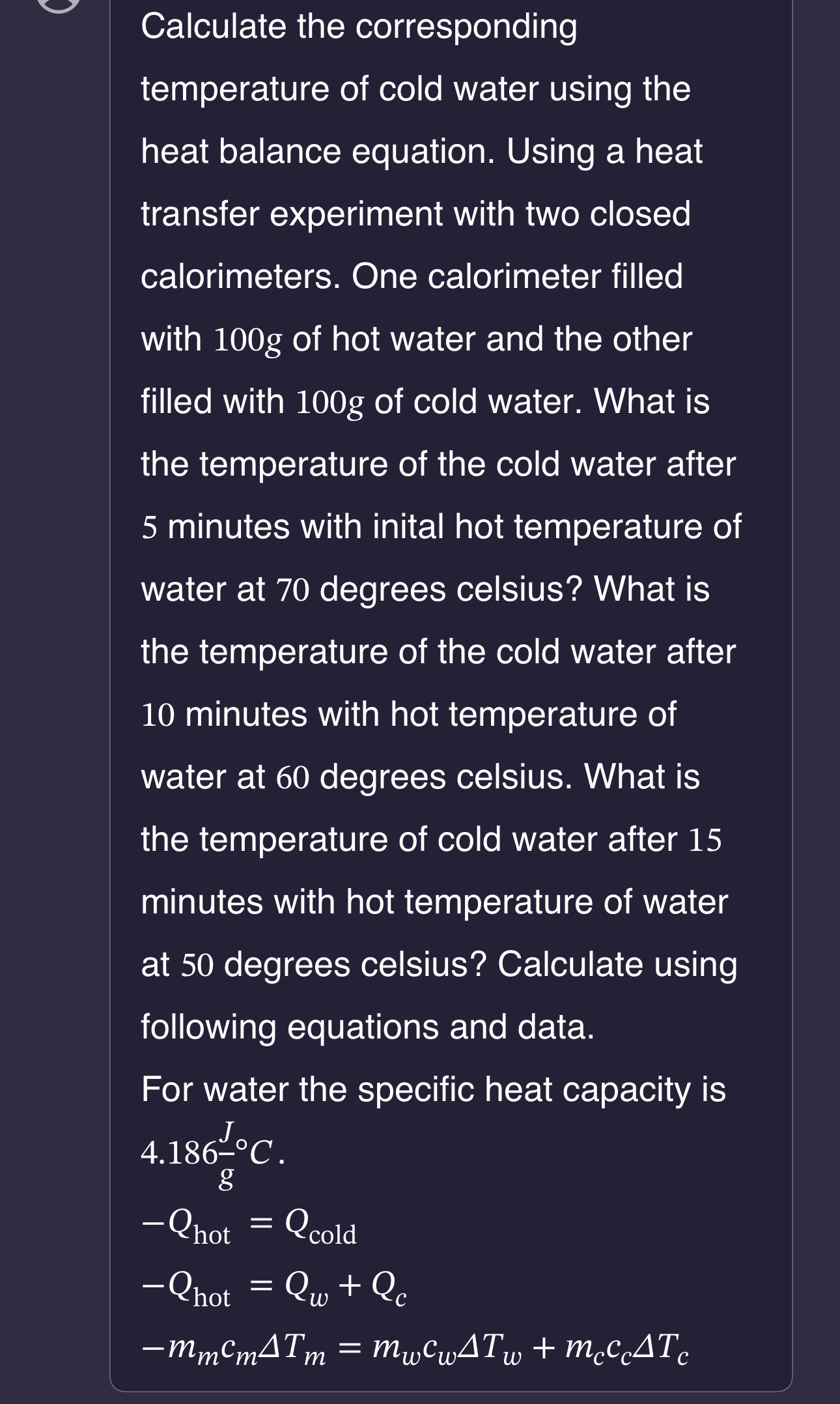Solved Calculate the correspondingtemperature of cold water | Chegg.com