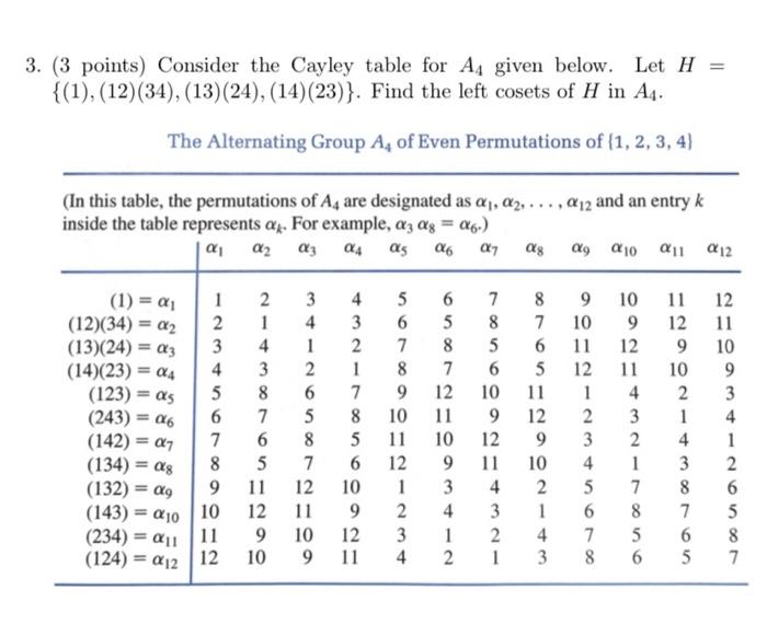Solved (3 points) Consider the Cayley table for A4 given | Chegg.com