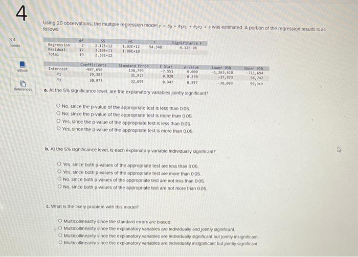 Solved Using 20 observations, the multiple regression modely | Chegg.com