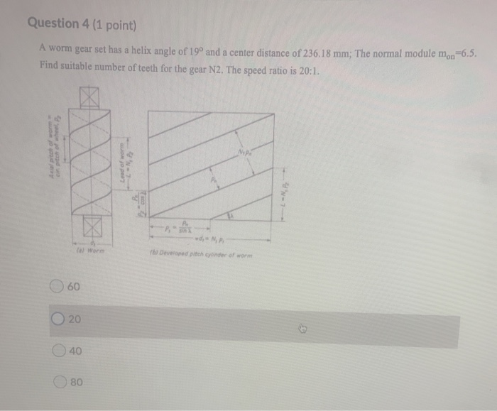 Solved Question 4 (1 point) A worm gear set has a helix | Chegg.com