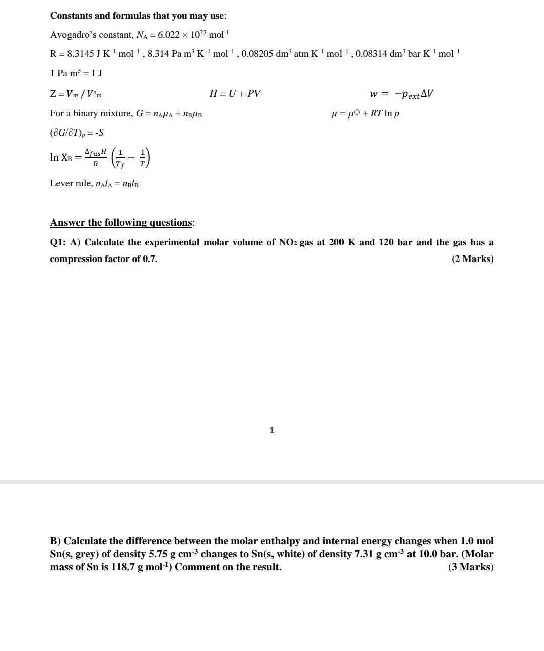 Solved Constants and formulas that you may use: Avogadro's | Chegg.com