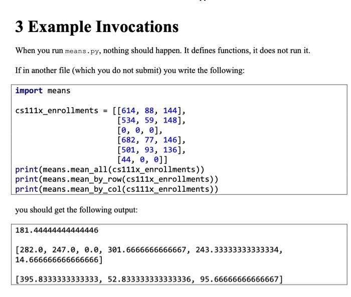 Solved 3 Example Invocations When you run means.py, nothing | Chegg.com