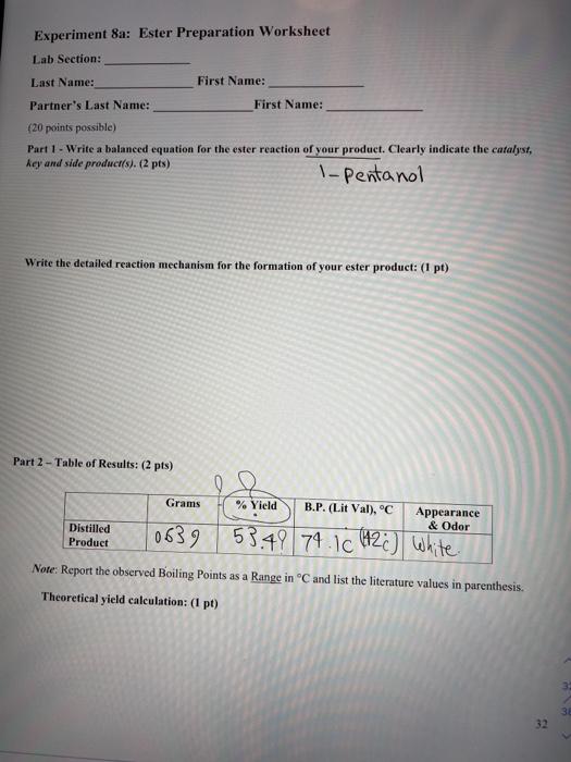 Solved Experiment 8a: Ester Preparation Worksheet Lab | Chegg.com