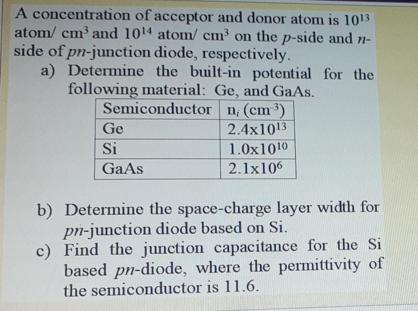 Solved A concentration of acceptor and donor atom is 1013 | Chegg.com