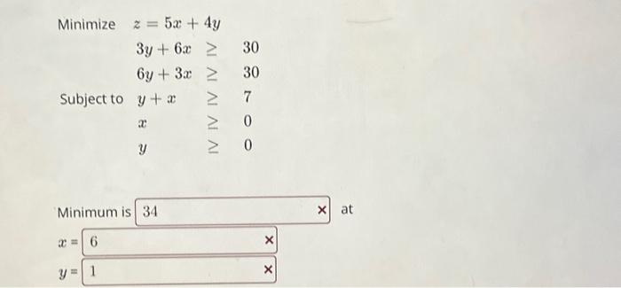 Solved Minimize z=5x+4y3y+6x≥306y+3x≥30 Subject to | Chegg.com